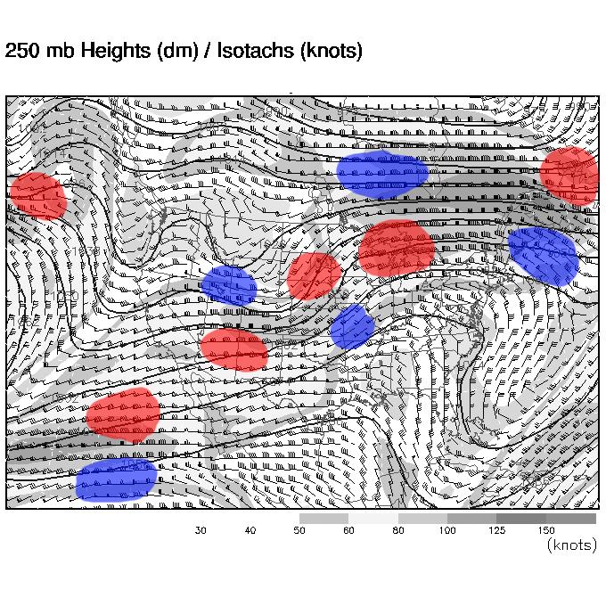 2) Use the 250 mb analysis to highlight (shade) the areas of ...